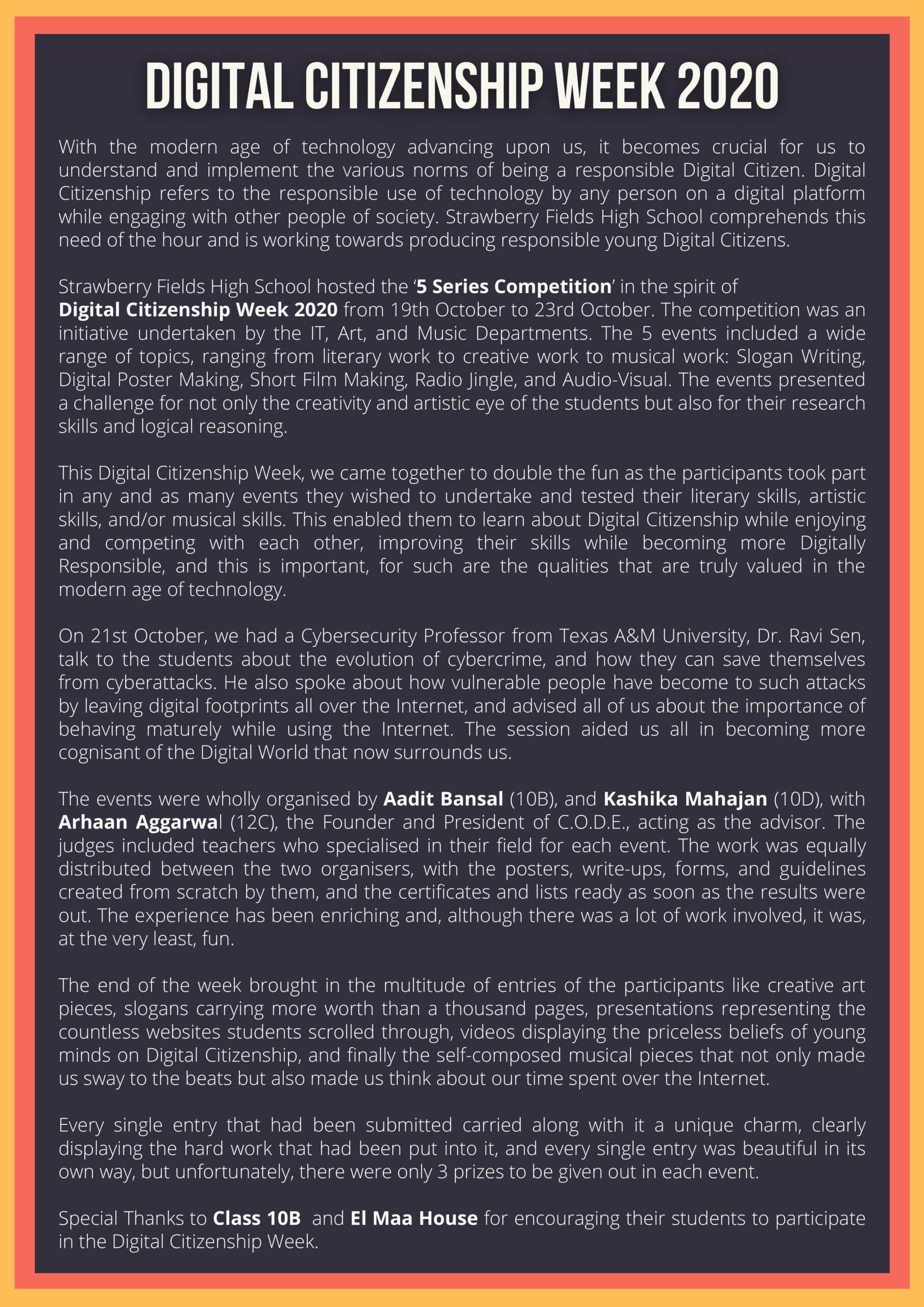 Digital Citizenship week 2020 Winners | Strawberry Fields High School